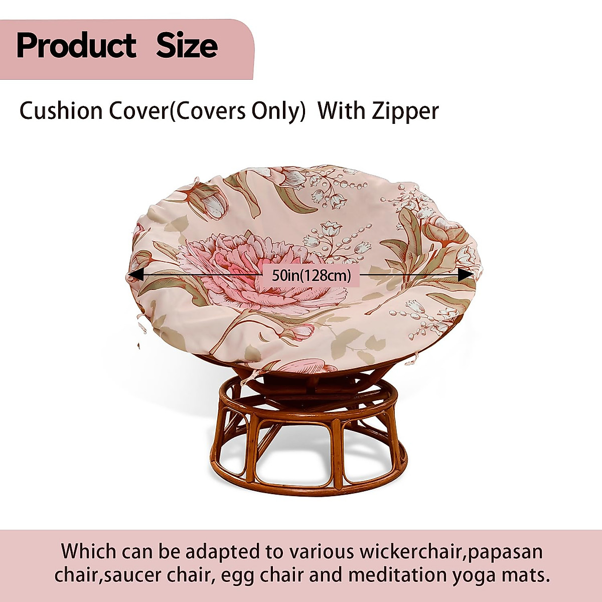 Tikitup Papasan chair cushion cover, outdoor waterproof papasan chair cushion cover, egg chair cushion cover, colorfast soft skin-friendly polyester fiber (Peony flower pattern, 50 IN)