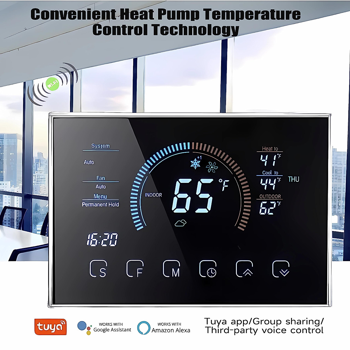 Creawonlas WiFi Thermostat for Home Heat Pump Suitable for Air and Ground Energy Heat Pumps, Programming Thermostat Voice Control Compatible with Alexa Google Home, C-Wire Adapter Included