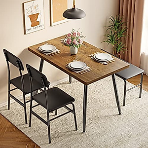 Gizoon Dining Table Set for 4, Kitchen Dining Table with Bench and 2 Chairs for Small Space, Apartment, Retro Brown