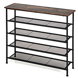 Giantex 5-Tier Shoe Rack, Industrial Adjustable Metal Shoe Storage Organizer w/ 4 Metal Mesh Shelves for 16-20 Pairs, Adjustable Feet, Heavy Duty Steel Frame, for Entryway, Hallway, Dorm, Rustic Brown