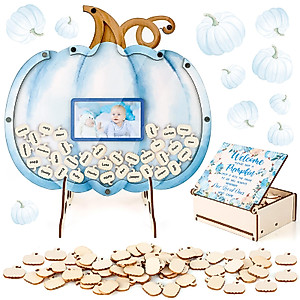 YLOLUL Blue Pumpkin Baby Shower Guest Book Alternatives Set with 62 Pcs Fall Baby Shower Guestbook with Photo Frame Rustic Guest Book Alternative for Baby Boy Birthday Party(Blue)