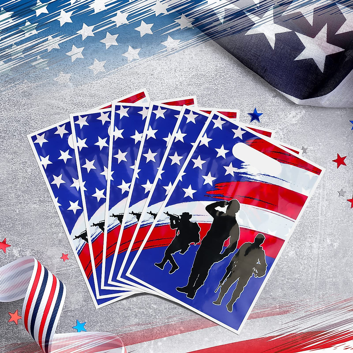 MASHAN 50pcs Veterans Day Gift Bags, Plastic Goodies Treat Bags with American Flag Patriotic Soldier for Independence Day Veterans Day and Army Party Decorations