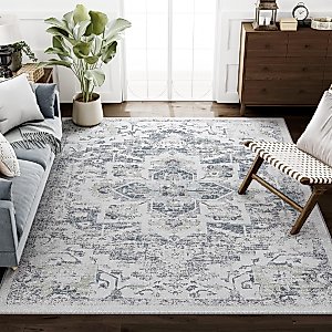 Eleisa 8x10 Area Rugs for Living Room, Grey & Green, Machine Washable Low Pile Area Rug, Stain Resistant Vintage Home Decor Carpet for Bedroom, Dining Room, Home Office