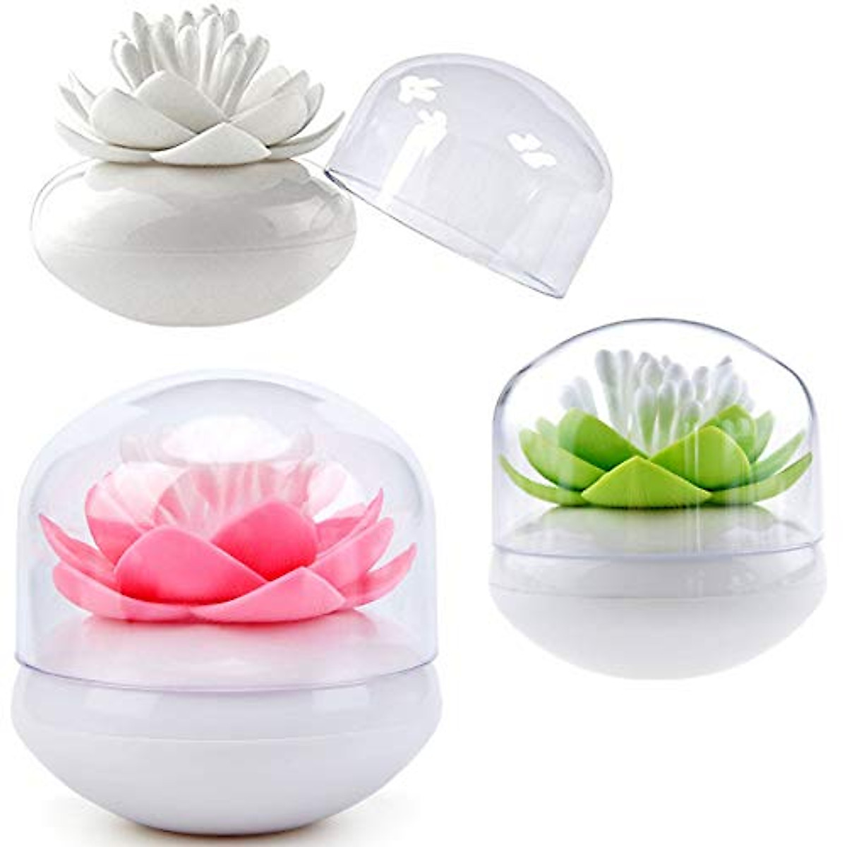 JforSJizT 3pcs Lotus Cotton Swab Holder,Q-Tips Toothpicks Canisters Holder with Clear Lid Dustproof Cover,Cotton Bud Brushes Holder Box Case Storage Organizer Jar(Green + Pink + White