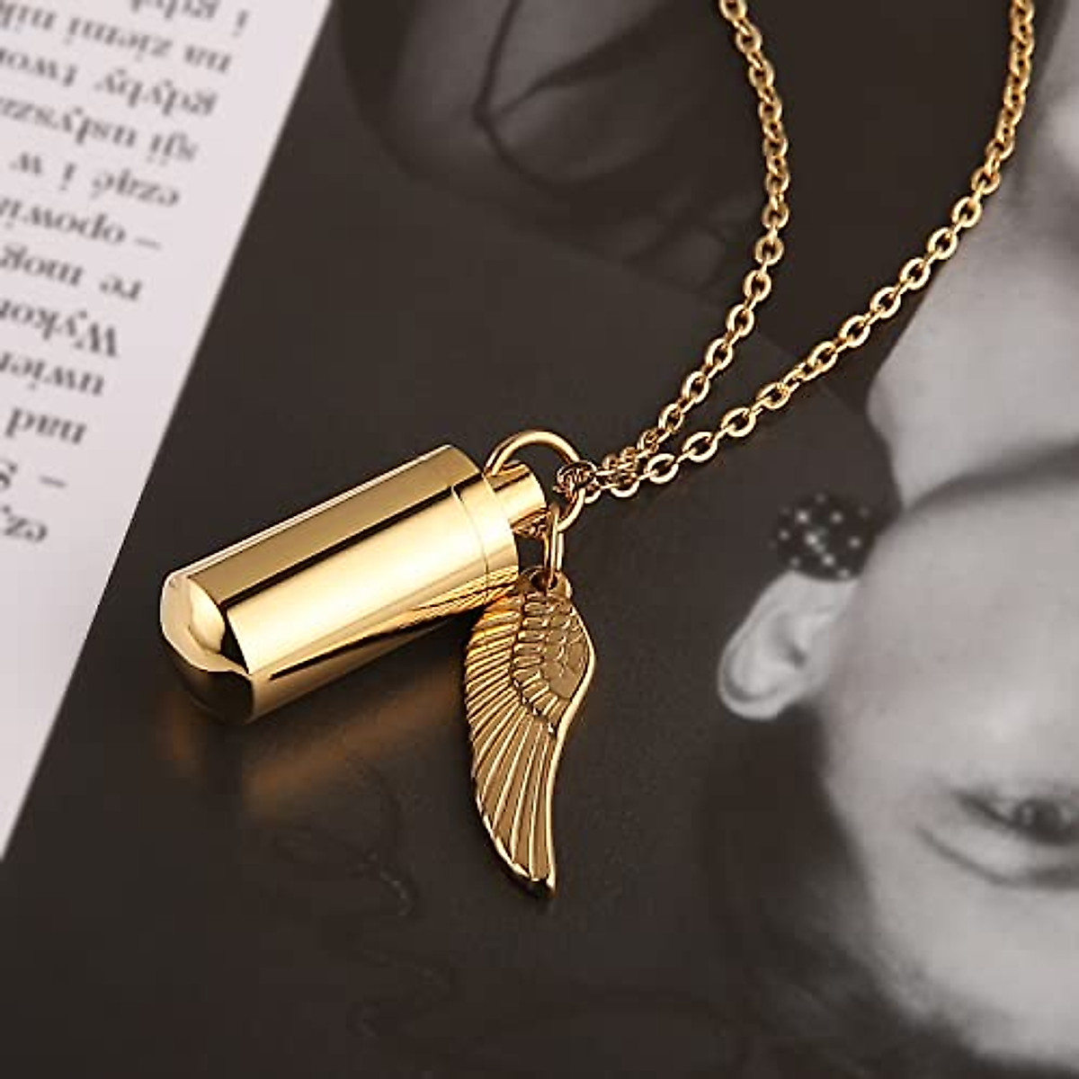 STWTR Stainless Steel Cylindrical Souvenir Capsule Pill Pendant Necklace, Cremated Ashes Pill Container Necklace (Gold-A)