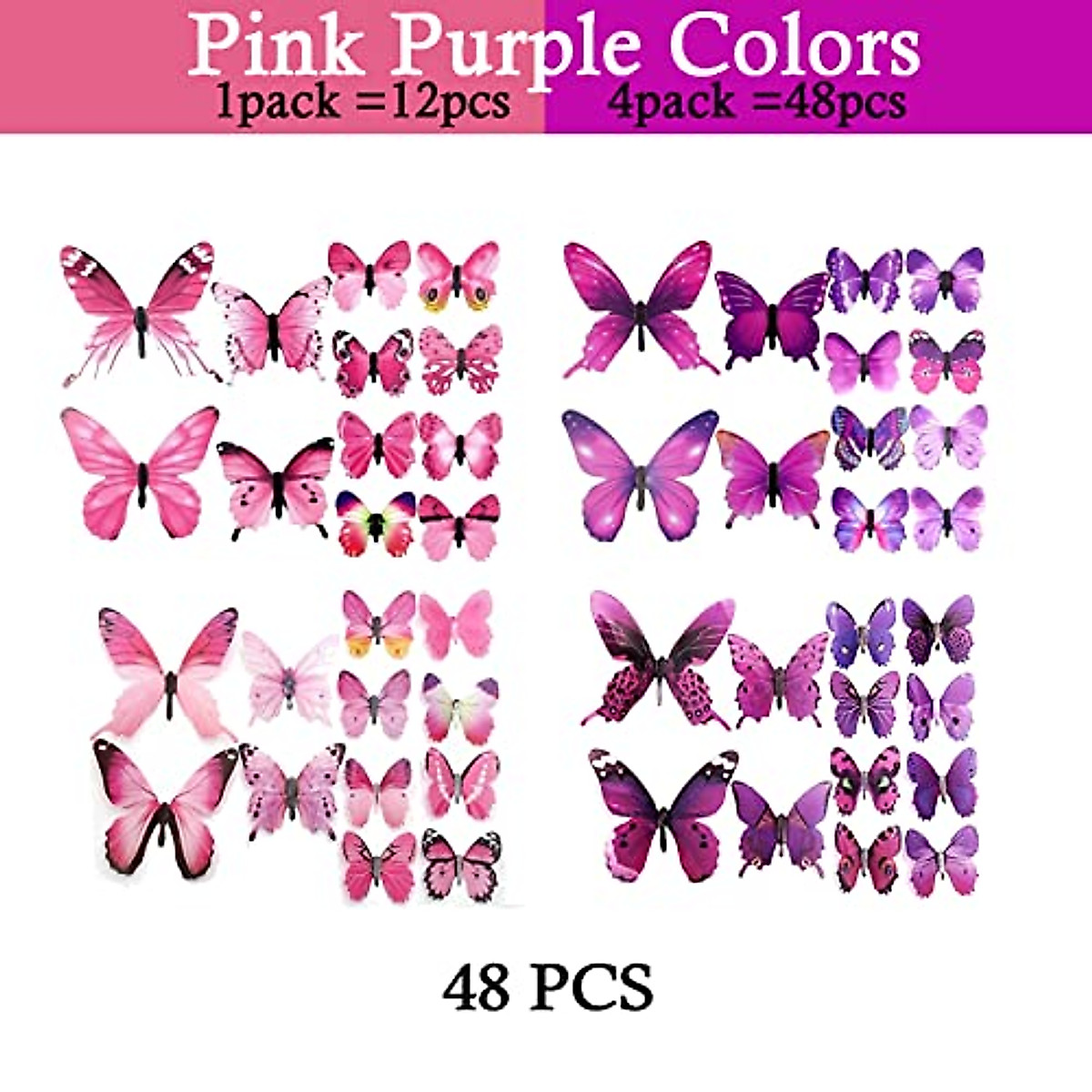 Ewong Butterfly Wall Decals 48PCS 3D Butterflies Decor Removable Mural Sticker Wall Art Home Decoration Kid Girl Bedroom Bathroom Baby Room Nursery Classroom Office Party (Pink Purple)