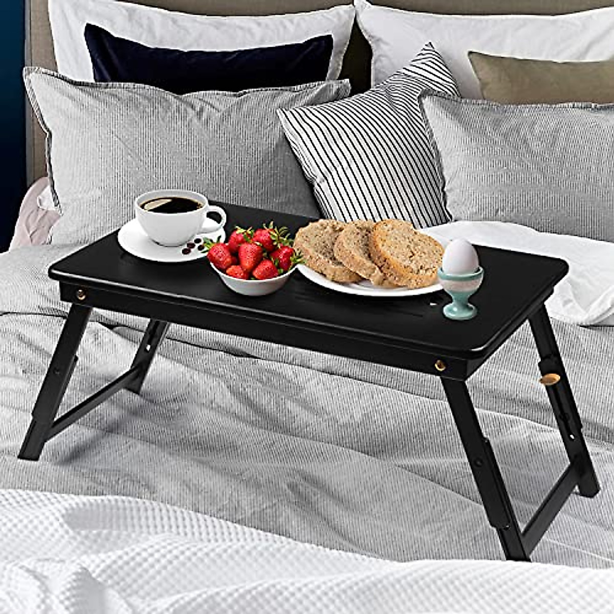 Bamboo Laptop Desk,Serving Bed Tray Breakfast Table with Folding Legs,Multifunctional Table with Cup Holder,Floor Desk Notebook Stand with Tilting Top Storage Drawer,Black (Black)