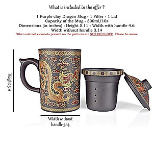 25DOL Chinese Tea Mug with Infuser and Lid 10Oz | Chinese Yixing Purple Clay Coffee Mug | Chinese Mug with Lid | Chinese Dragon Mug | Chinese Tea Infuser Mug | Travel Mug | Retain Heat very well