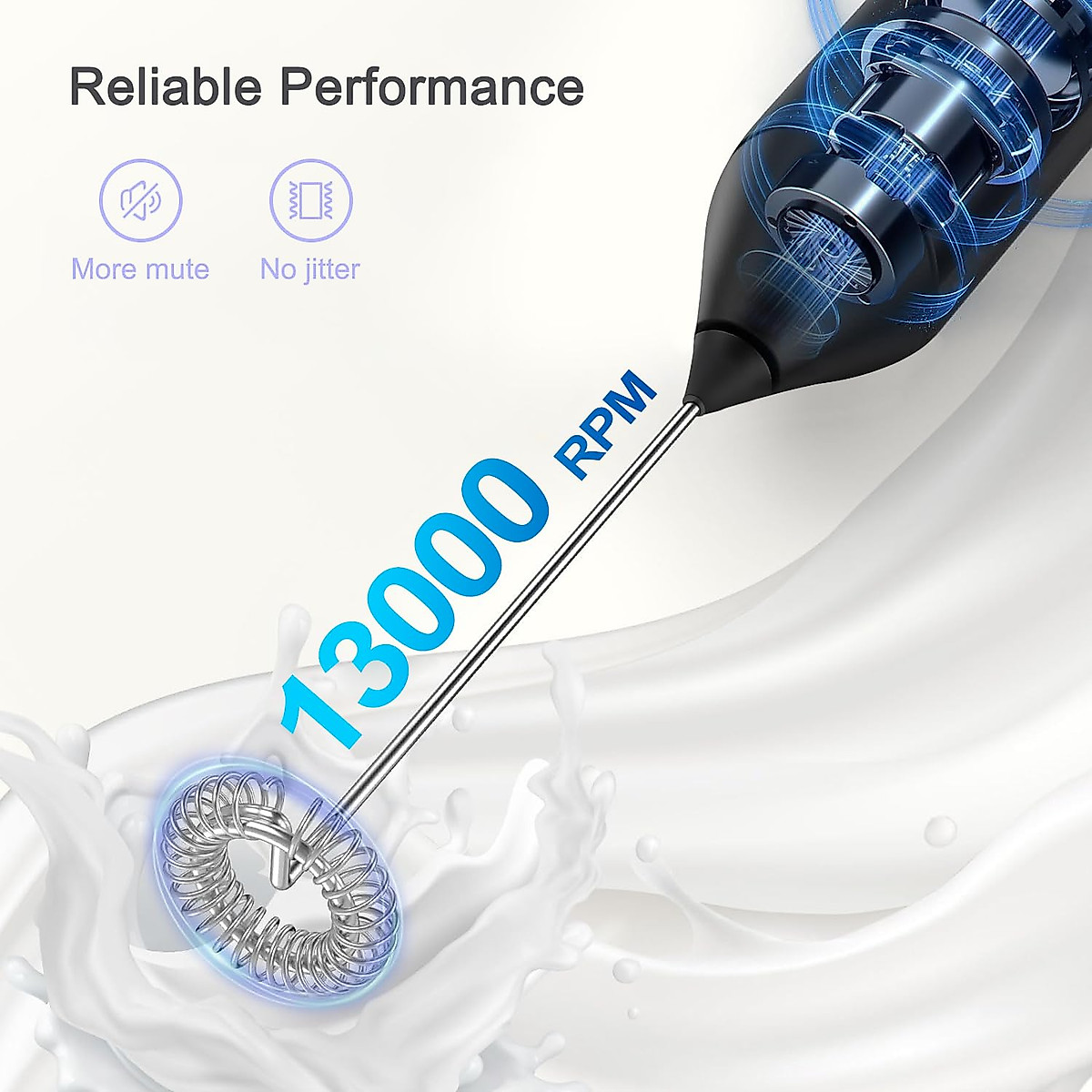 ELMWAY Powerful Electric Milk Frother Set, Rechargeable Drink Blender with Stand/Base, Foam Maker Mixer, Handheld Milk Frother for Coffee, Cappuccino, Latte, Matcha, Protein Powder - Black