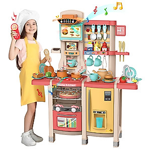 Kids Play Kitchen,Kitchen Playset with 65pcs Kitchen Toys for Toddlers,Play House Accessories with Spray Stove, Simulated Steam, Sink, Oven,Dishwasher, Real Sounds and Light for Girls and Boys