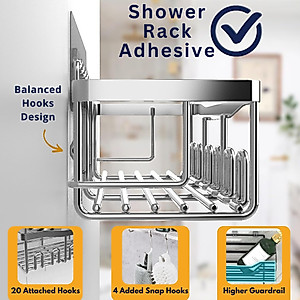 Rustproof Adhesive Shower Caddy Hanging - ASA STORES Silver 5-Pack No Drill Bathroom Organizer With 20 Hooks, Soap Holder,4 Snap Hooks-Stainless Steel Wall Mounted Storage For Kitchen & Home Decor