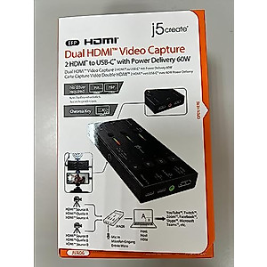 j5create Live Video Capture Card - Dual HDMI to USB-C, Supports 1080p 60Hz Video and Audio Recording, Power Delivery 60W Pass Through, Ideal for PC Xbox Playstation Android Game Live Streaming (JVA06)