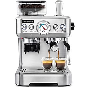 Espresso Machine with Grinder and Milk Frother, 20 Bar Semi Automatic Espresso Coffee Machine Latte and Cappuccino Coffee Maker All in One Espresso Machine For Home Barista, Brushed Stainless Steel