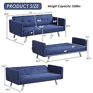 Giantex Convertible Futon Sofa, Modern 3 Seat Sofa Bed with USB and Power Strip, Folding Loveseat, Linen Fabric Lounge Couch for Apartment Dorm, Easy Assembly (Blue)