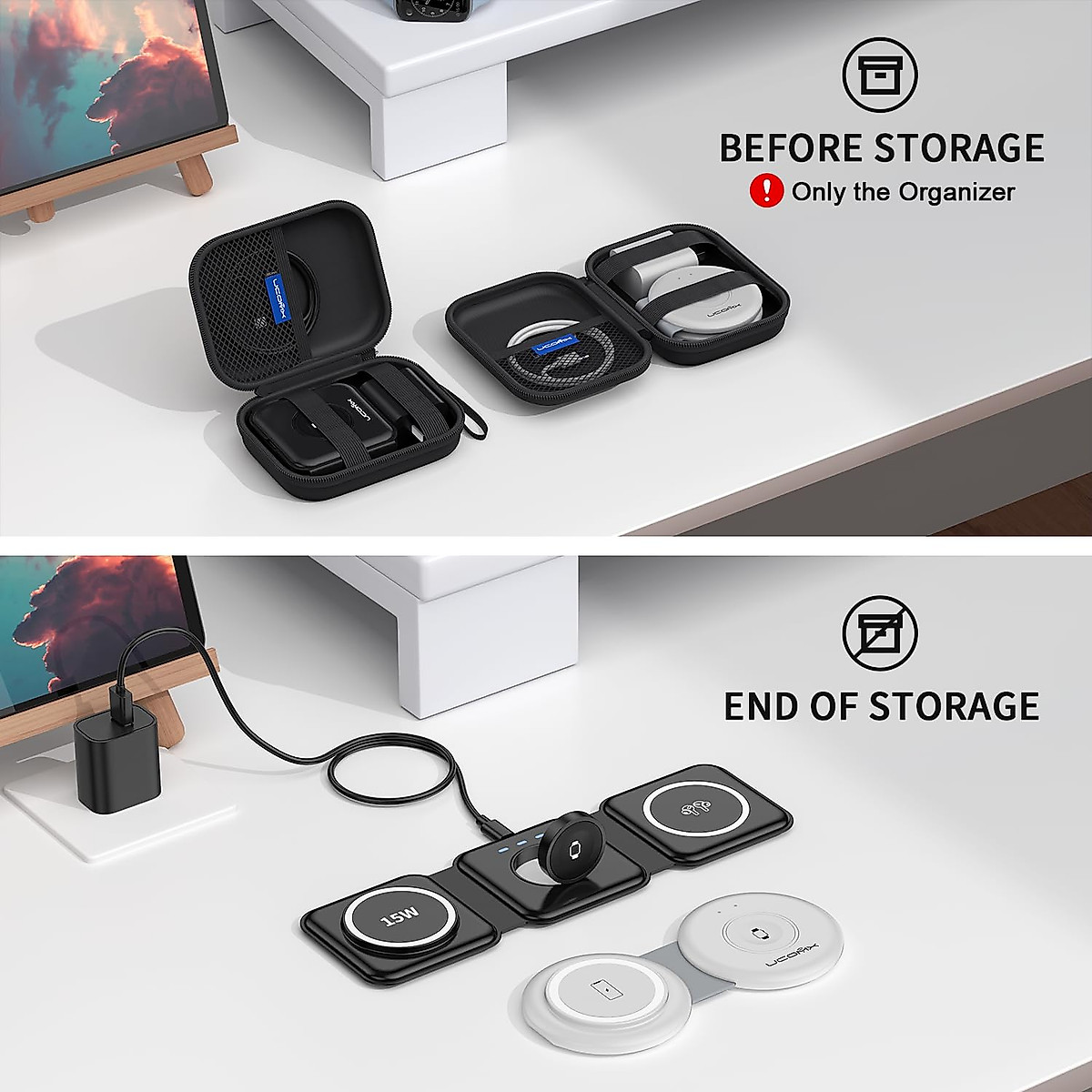 UCOMX Travel Case for 3 in 1 Wireless Charger,Hard EVA Carrying Charger Case,Portable Storage Waterproof Bag with Zipper,Soft Durable Pouch Bag for Foldable Wireless Charger,Adapter,Cable(Box Only)