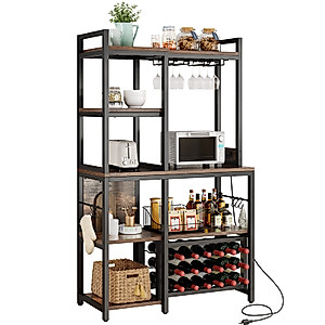 YITAHOME Kitchen Microwave Bakers Stand Wine Rack, Coffee Bar Storage for Liquor Glasses Power Outlet, Wine Rack Freestanding Floor Tall Farmhouse Shelf Dining Room Hutch 35 Inch Large, Rustic Brown
