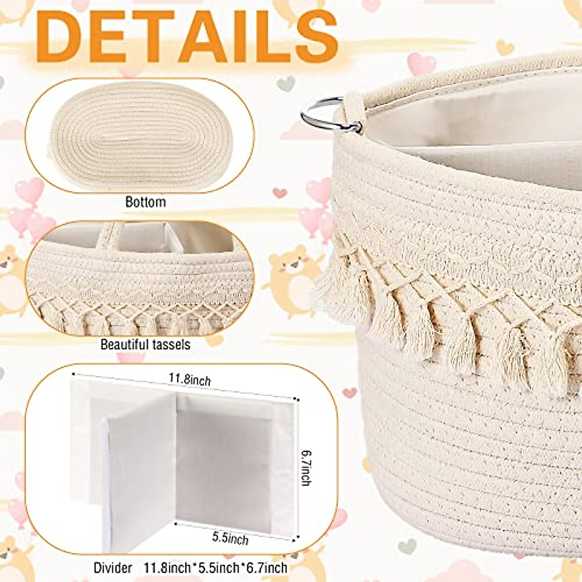 Geetery Baby Diaper Caddy Organizer Basket with Shoulder Strap Buckle Cotton Rope Diaper Basket Caddy, Changing Table Diaper Storage Caddy for Baby Shower Gifts