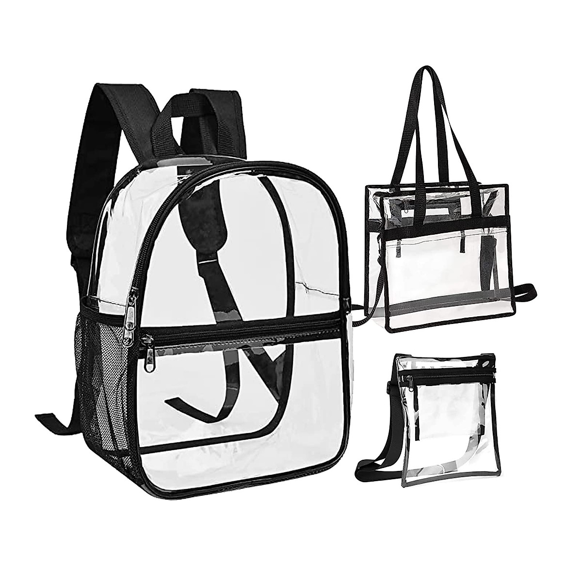 3 Pcs Clear Backpack Stadium Approved Transparent Backpack Clear Tote Bag with Zipper See Through PVC Messenger Handbag Stadium Approved Purse Transparent Crossbody Bags with Adjustable Strap for Work