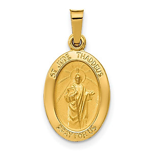 Jewelry Stores Network Hollow Satin Finish Saint Jude Thaddeus Pray For Us Words on Oval Pendant in Real 14k Yellow Gold 16x11mm