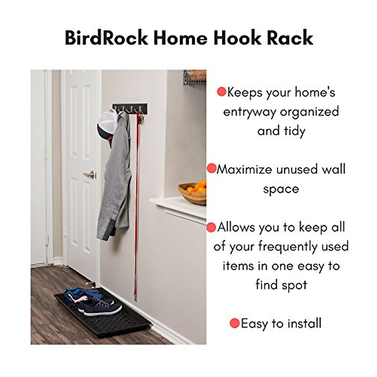 BirdRock Home Dual Hook Coat and Hat Rack - 4 Dual Hooks - 17 Inches - Wall Mount - Decorative Home Storage - Entryway Foyer Hallway Bathroom Bedroom Rail - Satin Nickel Hooks - Black Pine Bathroom Ra