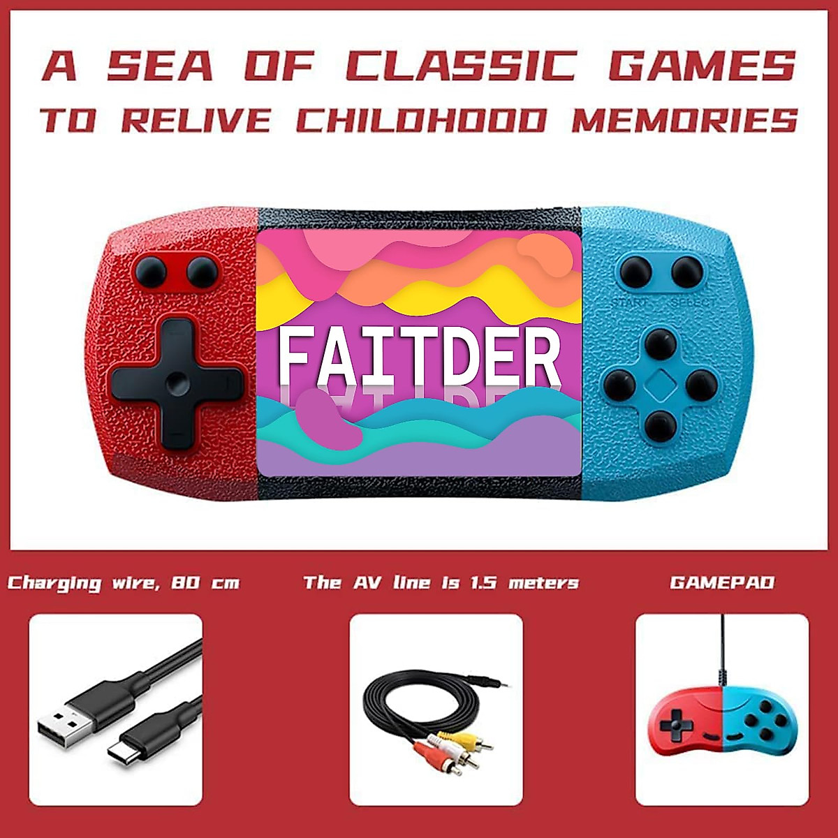 FAITDER - Retro Handheld Game Console Built-in 620 Classic Game 3 Inch Screen Portable Handheld Video Game Console Supports TV Connection and Two Player Games Boys Girls Birthday