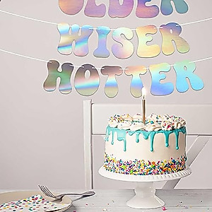 Pre-Strung Older Wiser Hotter Birthday Banner - NO DIY - Iridescent Birthday Party Banner - Pre-Strung on 8 ft Strands - Holographic Shiny Foil Birthday Party Decorations & Decor. Retro 70s Birthday