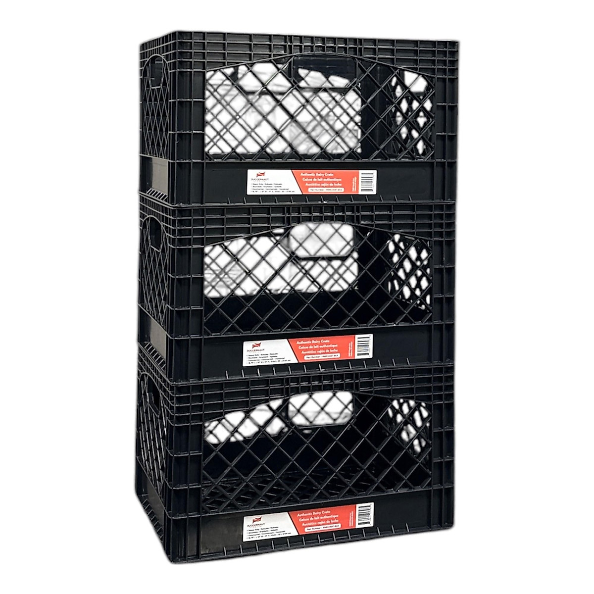 Juggernaut Storage 24 Quart 3 Pack Black Heavy Duty Rectangular Stackable Dairy Milk Crates, 11" Height, 19" Width