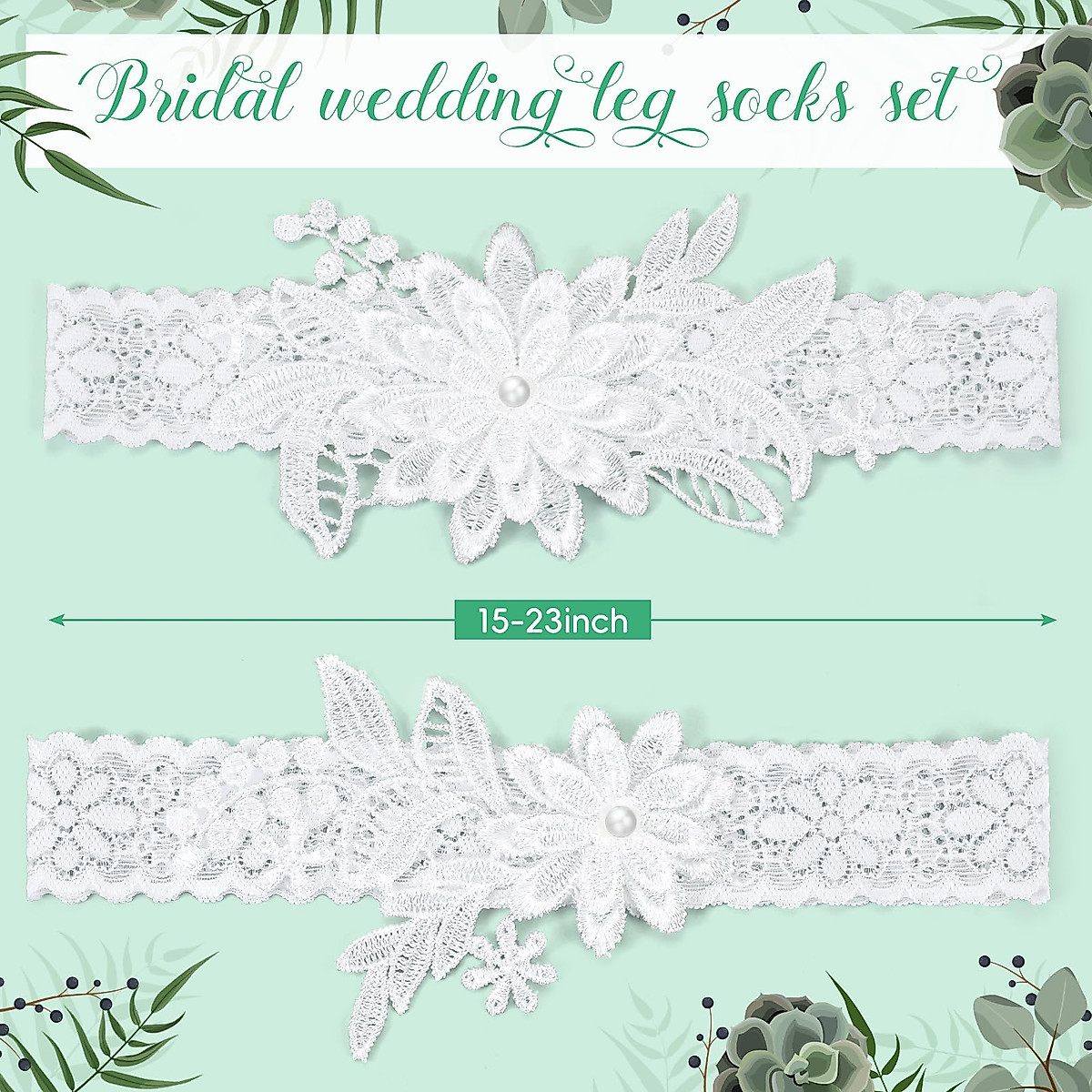 2 Pieces Wedding Garters for Bride Sexy Lace Leg Garter Belt Hand Sewn Faux Pearls Bride Garter Set(White)