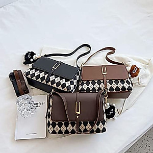 RTGGSEL Retro PU Leather Flap Shoulder Handbags for Women Quilted Lattice Tote Purse Ladies Designer Satchel Hobo Bag with Doll Pendant (Coffee)