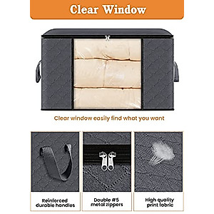 BlissTotes Storage Clothing Bags Storage Clothes Organizer with Reinforced Handle Sturdy Fabric Clear Window for Blankets, Bedding, Collapsible with Sturdy Zipper, 6 Pack, 60L, Grey