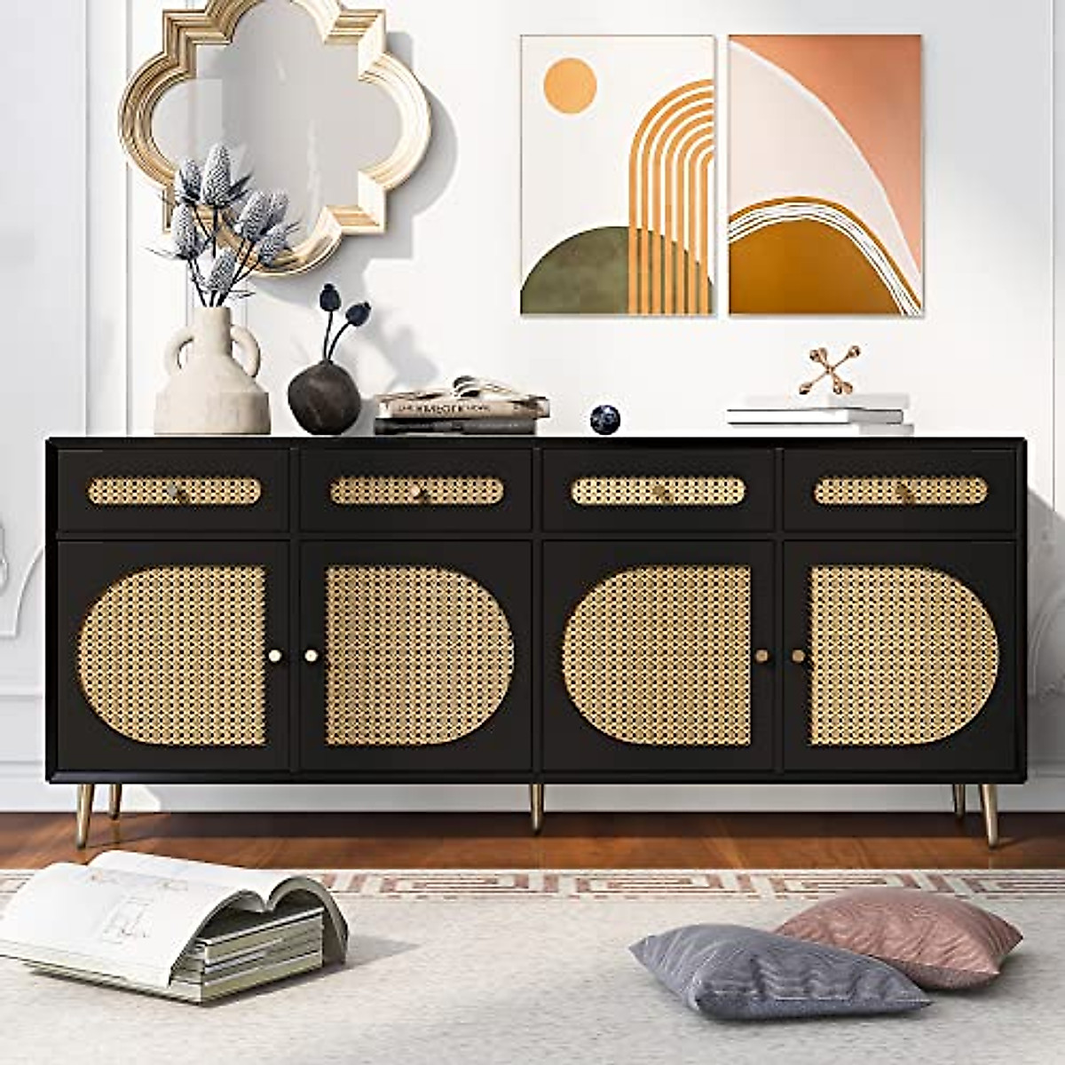 Modern TV Stand with 4 Rattan Doors and 4 Drawers, Entertainment Center for TVs Up to 65", Media Console Table Storage Sideboard Cabinet with Adjustable Shelves for Living Room Bedroom (Black-4R)