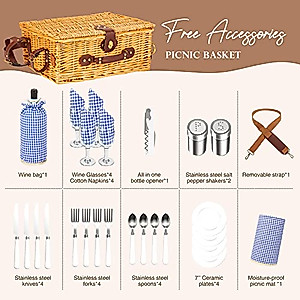 Greenstell Wicker Picnic Basket Sets for 4 Persons with High Sealing Insulation Layer,Waterproof Picnic Mat, Removable Strap and Wine Bag, Tableware, Picnic Basket for Family,Party,Outdoor,Camping