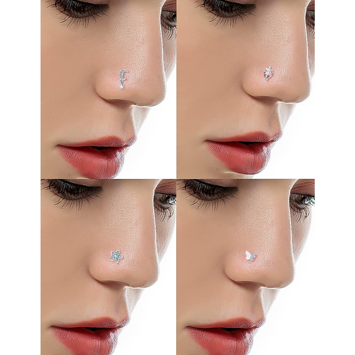 Tornito 12Pcs Nose Ring Nose Stud L Shaped Snake Butterfly CZ Flower Moon Dangle Nose Rings Stud for Women Men Silver Tone 20G