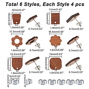 arricraft 24 Pcs 6 Styles Wood Stud Earrings Posts with Loop, Natural Wooden Square/Flower/Rectangle/Arch Stud Earring Findings with 30Pcs Ear Nuts for Earring Jewelry Making
