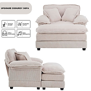 Corduroy Overstuffed Chaise Lounge Chair, Oversized 47" W Single Sofa Ottoman & Pillows,Comfy Deep Seat Cloud Sofa Couch for Living Room Bedroom Nursery (Cream White)