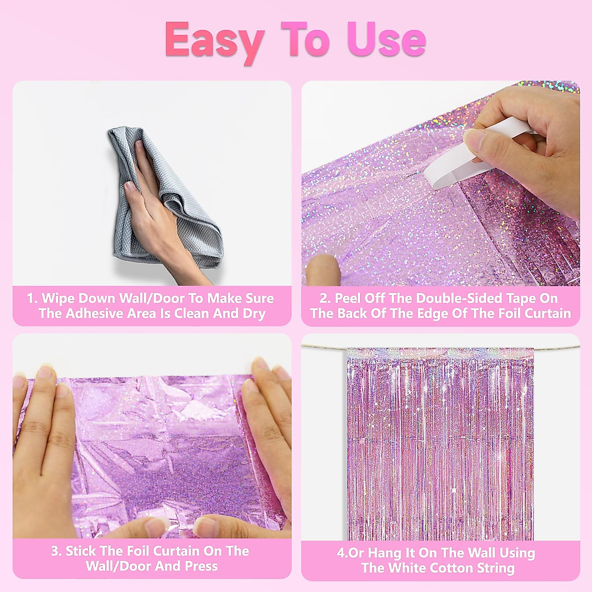 Anwyll Pink Metallic Foil Fringe Backdrop Curtains,2Pack Tinsel Curtain Party Streamers Photo Backdrop for Birthday Decoration,Glitter Pink Backdrop for Wedding Graduation Bachelor Party Decorations