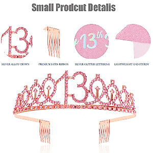 13th Birthday Candle Sash and Tiara Sets,It's My 13th Birthday Sash Rhinestone Crown Happy Birthday Cake Topper 32inch Foil Balloon for Girls 13th Birthday Gift Party Decorations Supplies (Rose 13th)