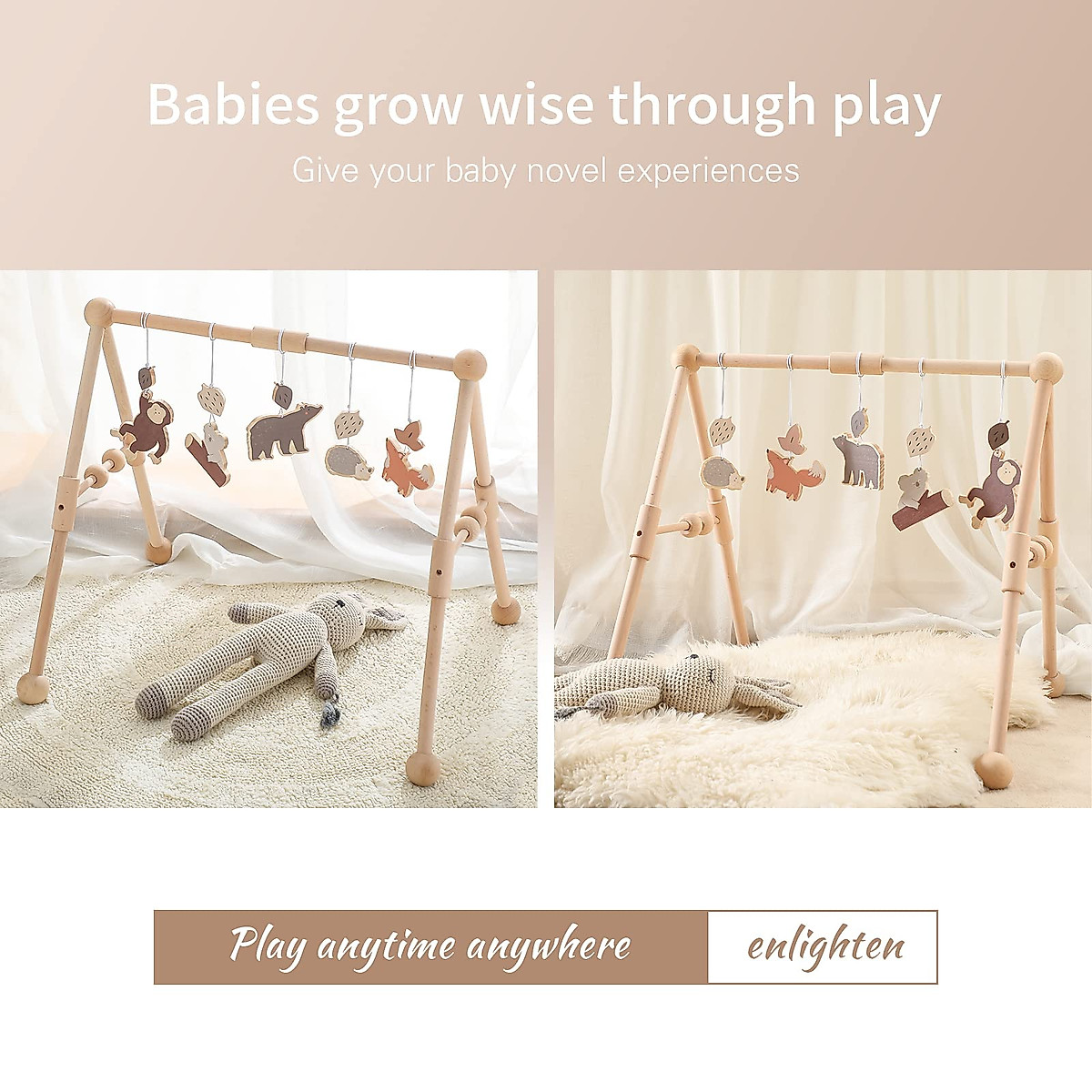 Etucdose Wooden Baby Gym with 5 Gym Toys, Detachable Wooden Play Gym Frame Activity Gym Hanging Bar Baby Toy for Activity Gym, Ages Newborn + (Jungle Animal Theme)