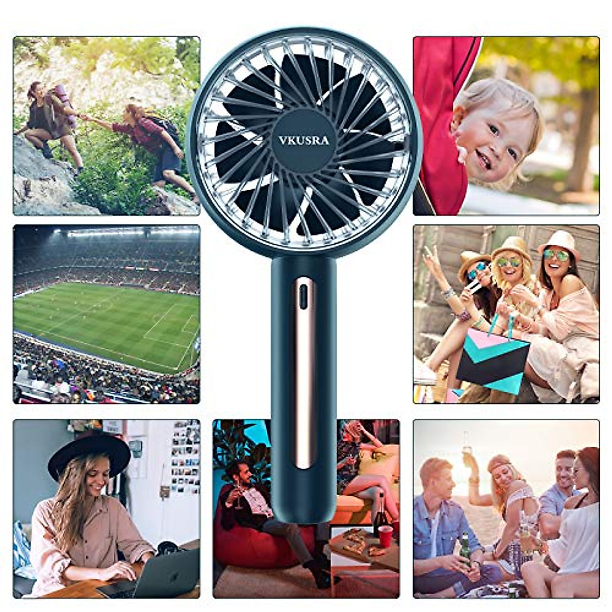 VKUSRA Handheld Fan, Mini Portable Fan, Small Personal Battery Operated Hand Held Fan with 4 Speeds, USB Rechargeable Eyelash Desk Fan with Base & Adjustable Angle for Office Outdoor Traveling-Green