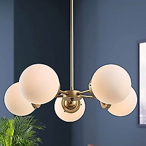 KSANA Gold Globe Chandelier, 5-Light Chandeliers for Dinging Room with White Glass Shade, Mid-Century Modern Pendant Ceiling Light Fixture for Kitchen & Bedroom, Soft Gold, 24’’ W x 66’’ H