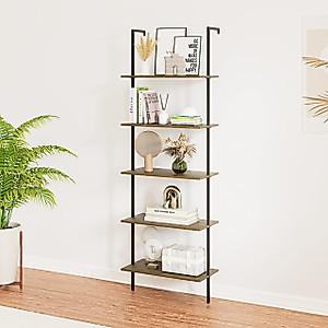 Wolawu 5 Tiers Ladder Shelf 2-Piece Black Modern Tall Bookshelf Open Large Tall Wall Mount Storage Bookcase Standing Leaning Wall Shelves Industrial Decorative
