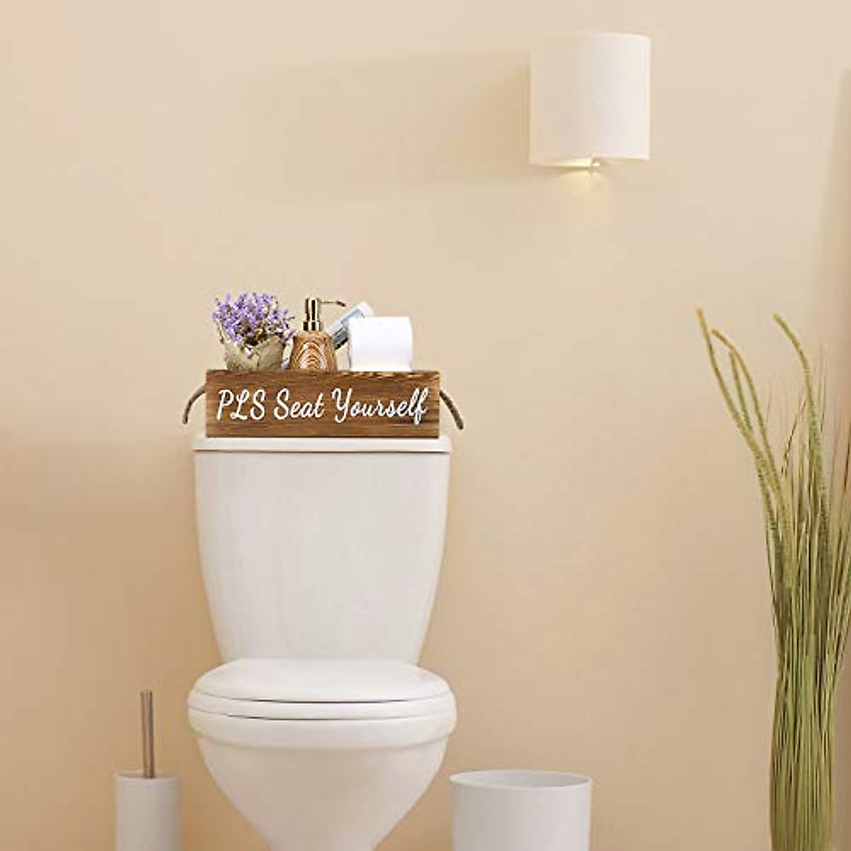 Luxspire Bathroom Decor Box, 2 Sides Farmhouse Wooden Toilet Paper Holder Tissue Storage Toilet Tank Topper Organizer, Rustic Bathroom Tray Restroom Funny Sayings, Wood Basket Box Home Decor, Brown