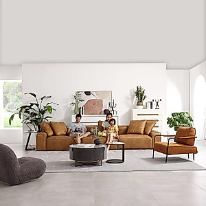 Mido Mido 142” Wide 5 Seater Sofa Filled with Feather and Foam, Modern Air Leather Large Sectional Sofa Couch, Waterproof, Dust-Proof Sofa Set for Living Room Apartment Home Hotel (Cognac Tan)