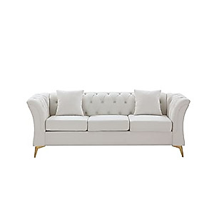 EASYTOUR Chesterfield Sofa, 3-Seater Mid Century Velvet Upholstered Couches, Modern Classic Tufted Button Settee with Roll Arm and Metal Legs for Living Room, Apartment, Office, Small Space, White