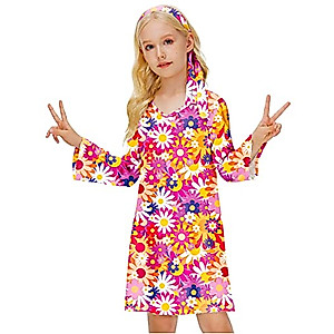 60s Dress 70s Hippie Halloween Pink Floral Long Sleeve Gogo Dresses Pink 7-8 Years