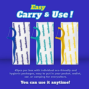 Toothnote Portable Dental Floss Picks, Tooth Picks, Eco-Friendly High Toughness Biodegradable Floss Sticks - Individual Package for Daily, Travel, Camping, School - Mint Flavor 1Box (45pcs)