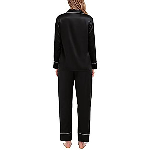SWOMOG Womens Silk Satin Pajamas Long Sleeve Loungewear Two-piece Sleepwear Button Down Pj Set Black