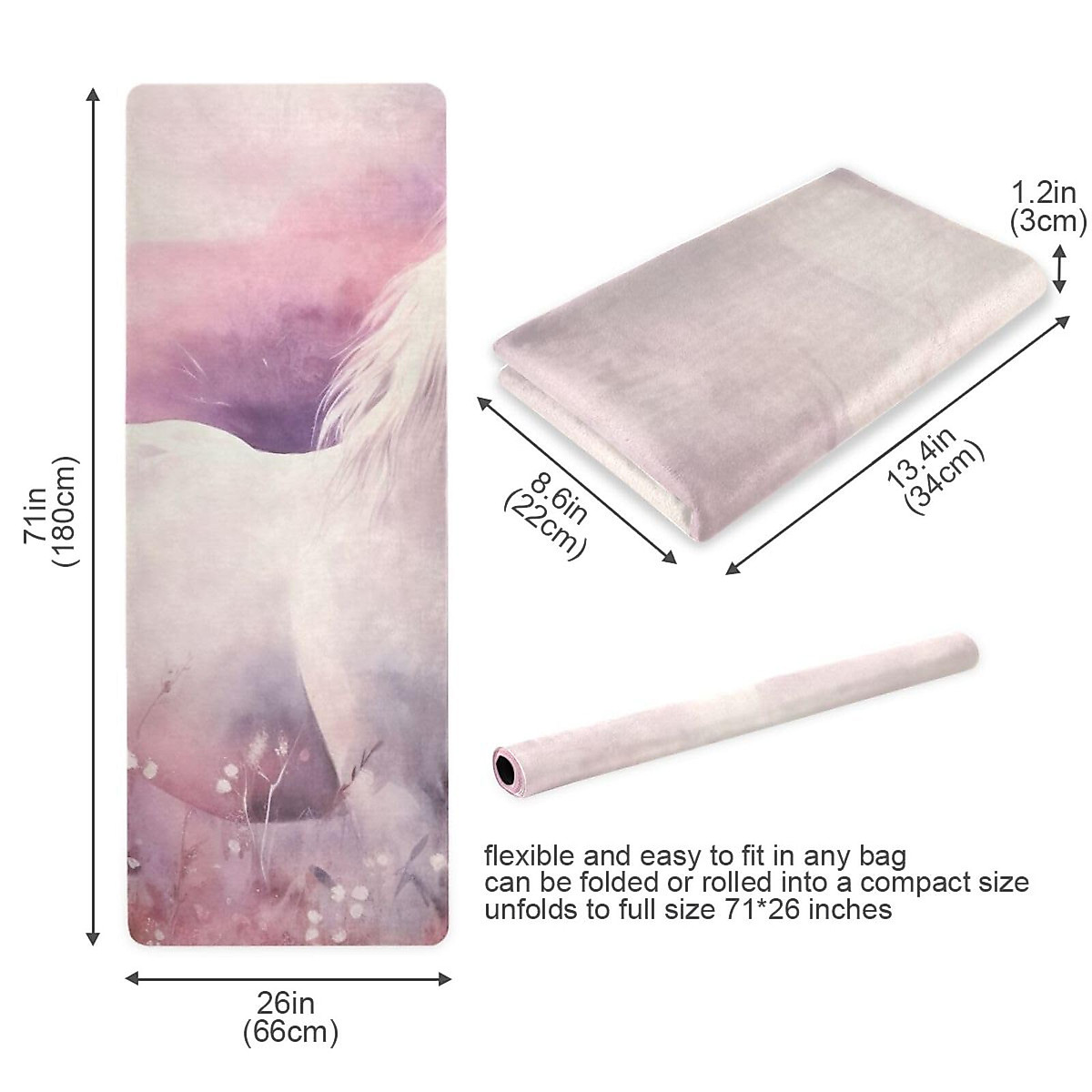 GOODOLD Unicorn Pattern Pink Yoga Mat, 71 x 26 Inch Non-slip Yoga Mats Folding Travel Exercise Mat Indoor Outdoor Gym Pilates with Storage Bag for Women Men