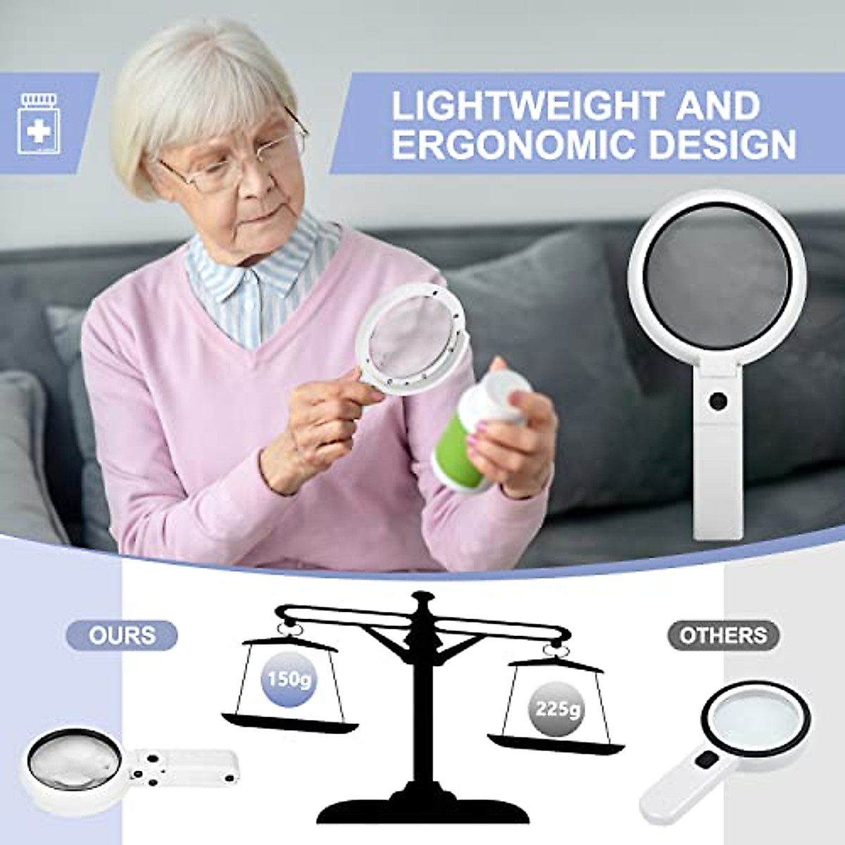 22X 10X Magnifying Glass with Light and Stand, 3.35INCH Large Foldable Handheld Magnifying Glass with Dimmable 8 LED, Hands Free Lighted Desktop Magnifier for Reading, Jewelry, Crafts, Cross Stitch