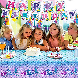 DaiUni 1PCS Mermaid Birthday Tablecloth for Birthday Party Decoration, Plastic Disposable Rectangle Table Cover for Kids Girls Party Supplies, 54" x 108"